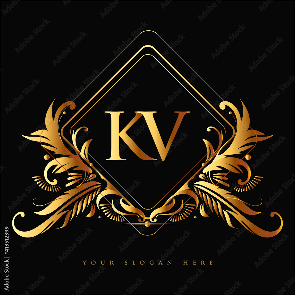 Initial logo letter KV with golden color with ornaments and classic ...