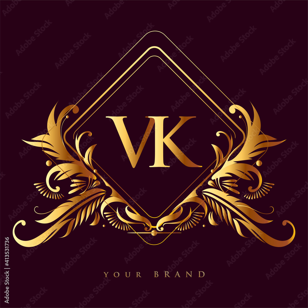 Initial logo letter VK with golden color with ornaments and classic ...