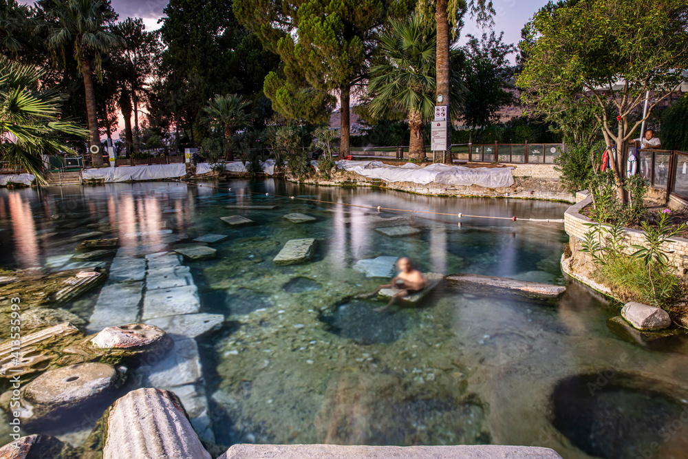 Tourists swim in Cleopatra's pools Pamukkale, Turkey. Cleopatra's pools ...