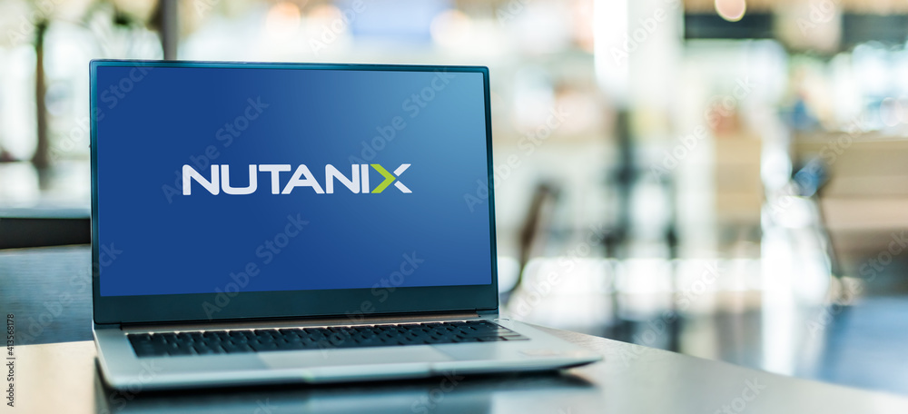 Laptop computer displaying logo of Nutanix Stock Photo | Adobe Stock