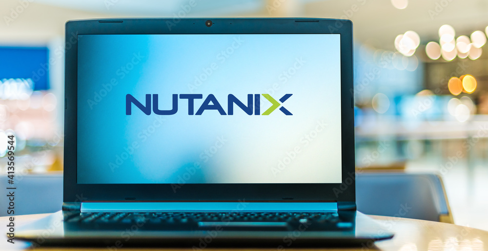 Laptop computer displaying logo of Nutanix Stock Photo | Adobe Stock