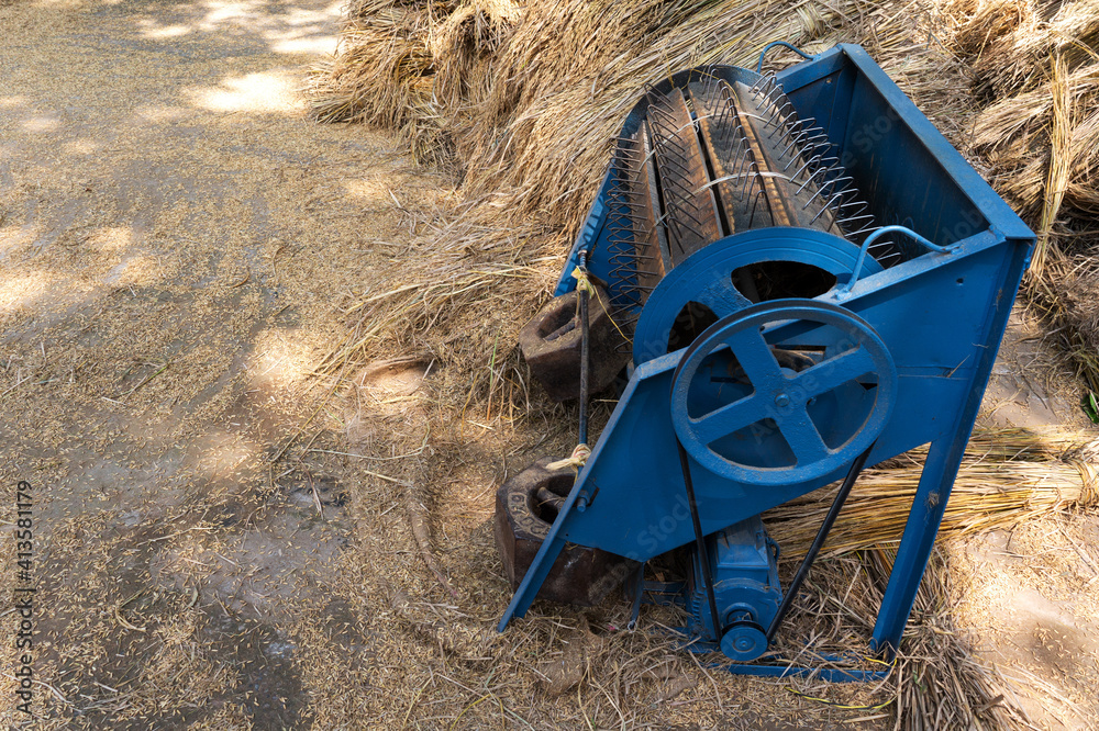 Stockfoto paddy threshing machine with electric motor at Farmer's rice ...
