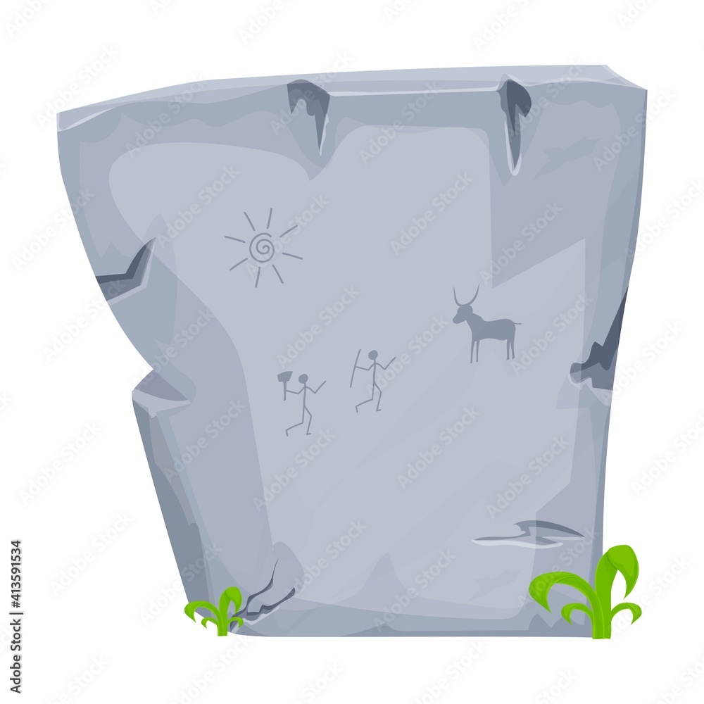 Stone age symbol big rock with ancient tribal caveman drawings in ...