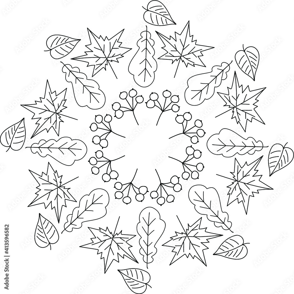 Cute coloring books for children. Autumn nature round frame in doodle ...