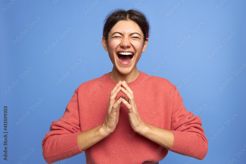 Fun, joy, positive vibes and true emotions. Overjoyed ecstatic teenage ...