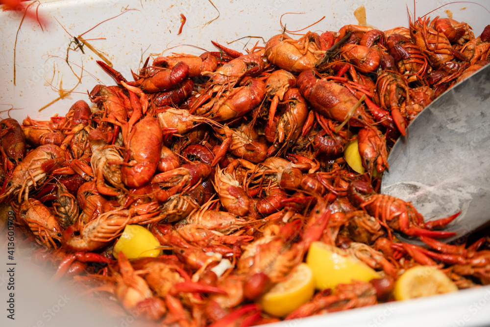 overhead closeup view of a large quantity of cooked crawfish ready to ...