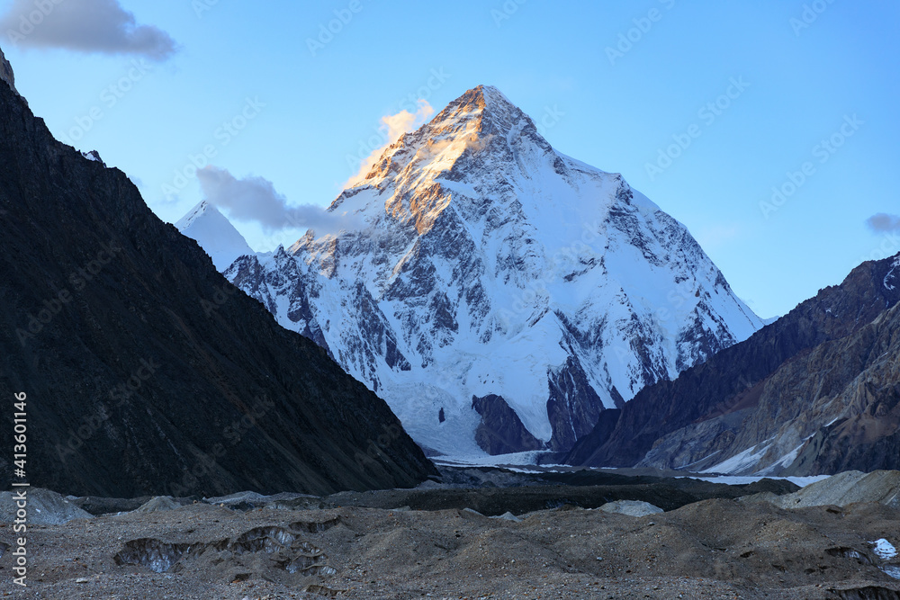 View to K2 mountain (8,611m) in the Karakoram mountain range at sunset ...