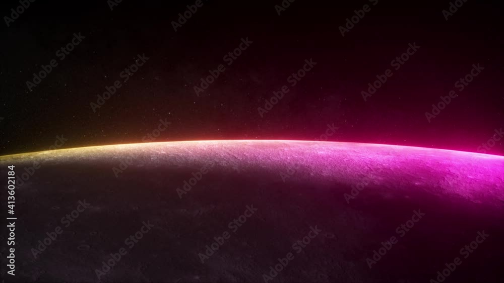 Fantastic neon sunrise on the moon from space. The rotation of the moon ...
