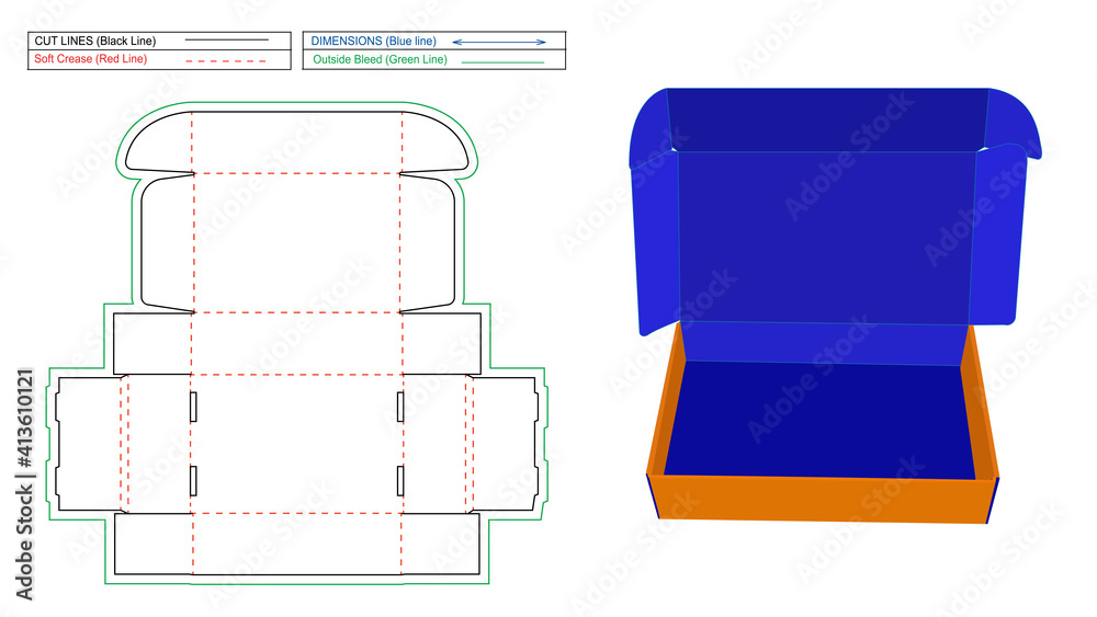 Corrugated mailer box or shipping roll end box dieline template and 3D ... Corrugated mailer box or shipping roll end box dieline template and 3D ...