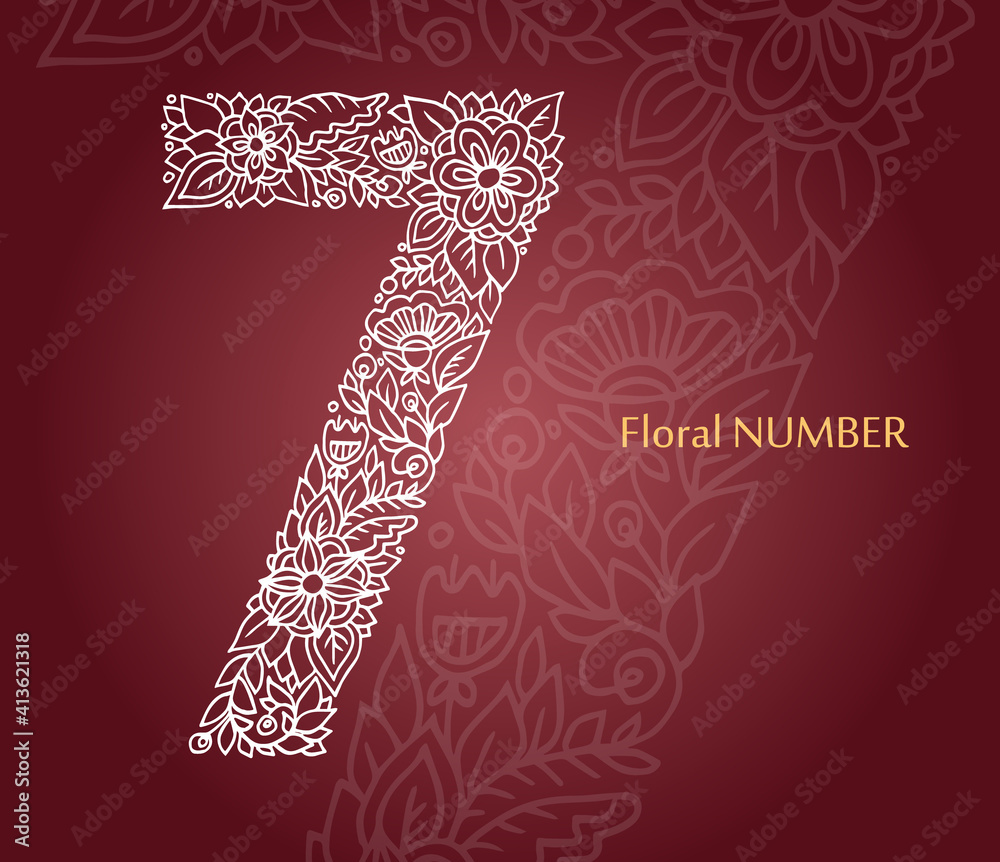 Floral number 7 made of white line leaves and flowers on burgundy ...