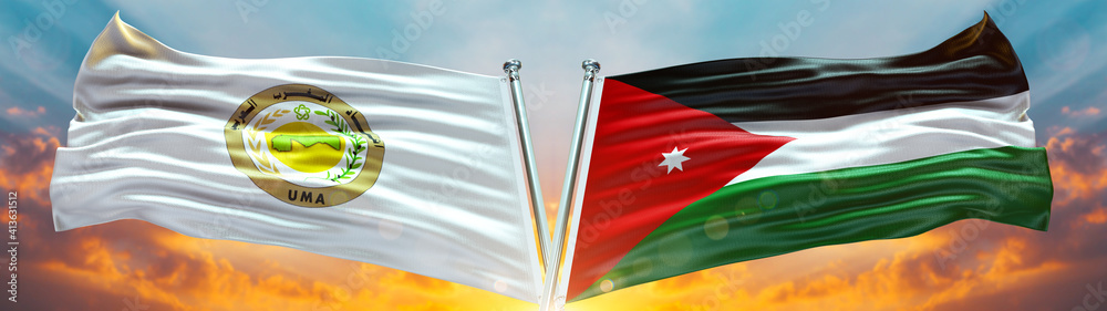 Jordan Flag and Arab Maghreb Union flag waving with texture sky Cloud ...
