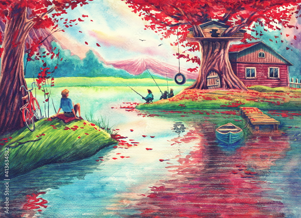 Magic watercolor landscape painting art with pink trees, lake, fishing ...