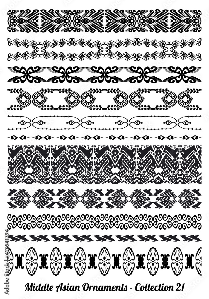 Set of 11 vector borders, dividers and frames of Uzbek, Kazakh and ...