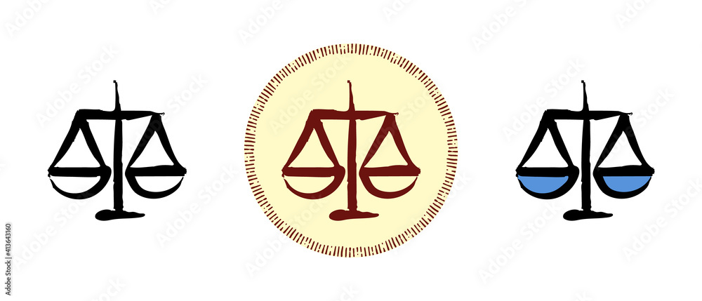 This is a set of icons with different styles of scales of justice ...