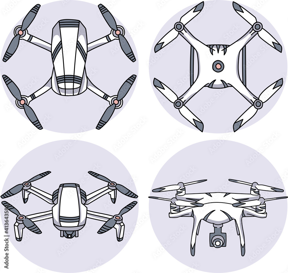Hand drawn vector illustration of drones. Cute quadcopter set doodles ...