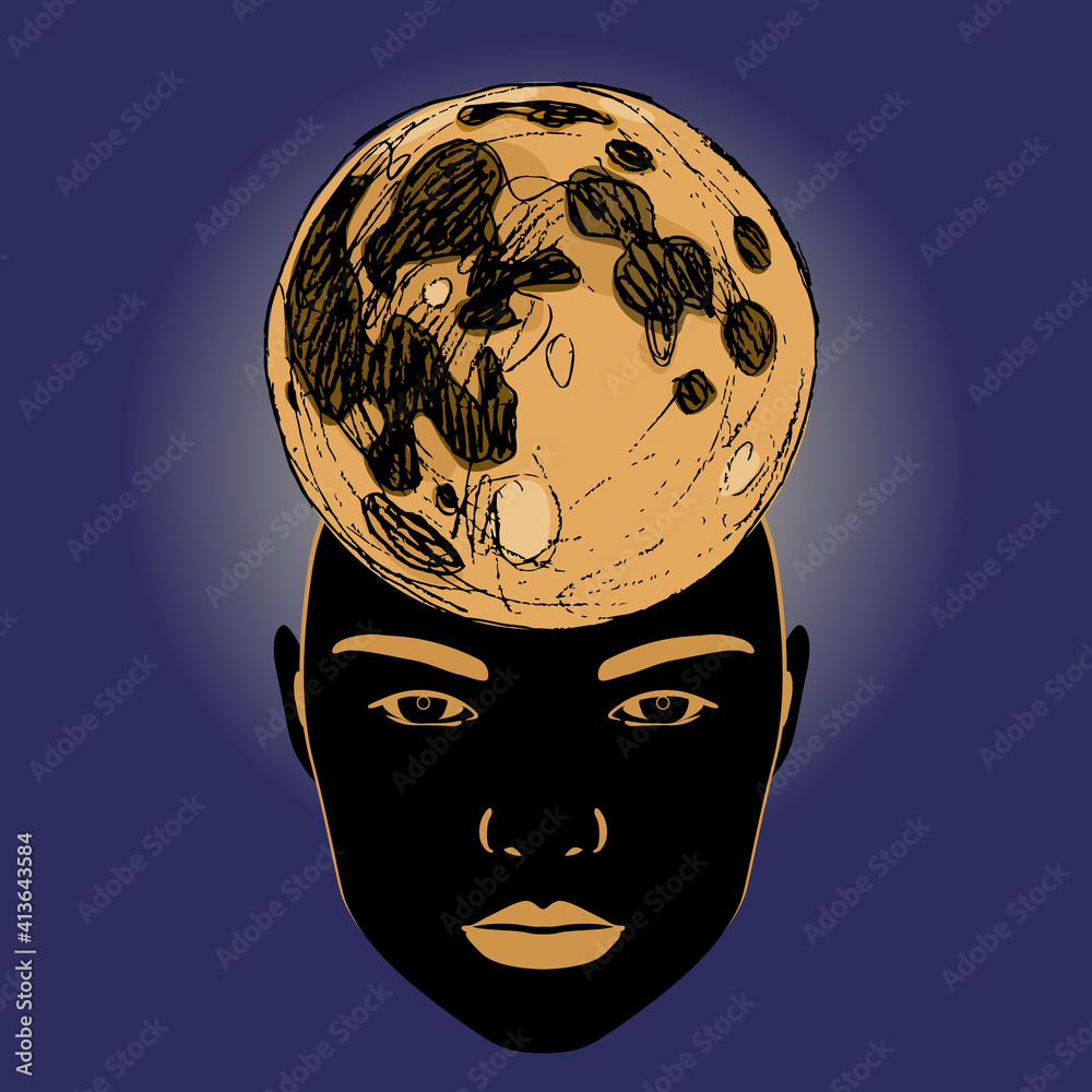 Female face with shining full moon on top of her head. Goddess Selene ...