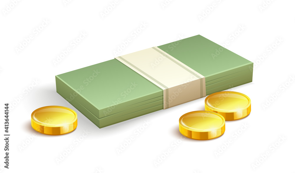 Paper money bundle and gold coins. Simple cartoon icon. Stock isolated ...