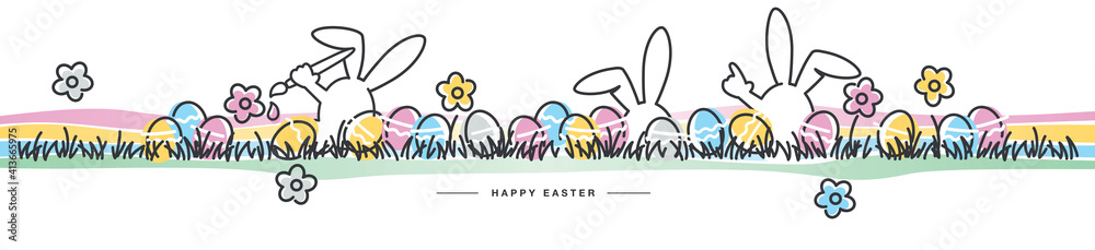 Happy Easter line design art rabbits and flowers colorful eggs in grass ...