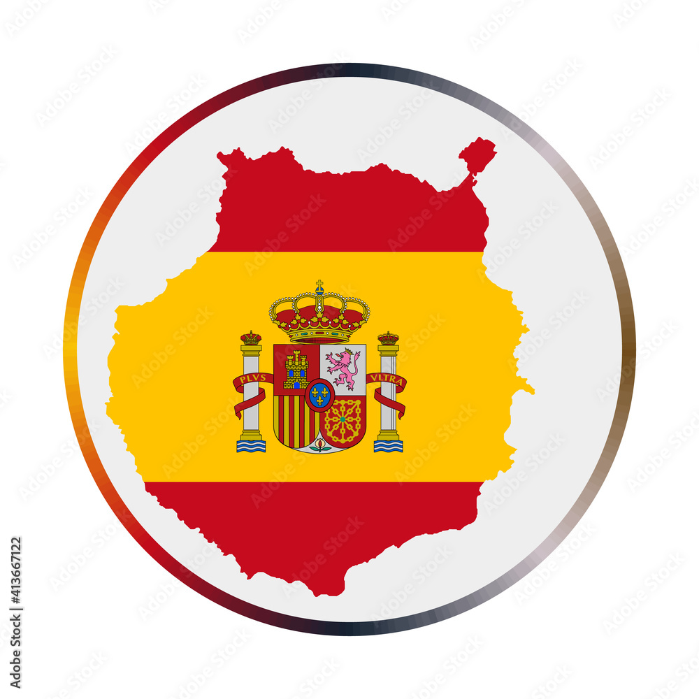 Gran Canaria icon. Shape of the island with Gran Canaria flag. Round ...