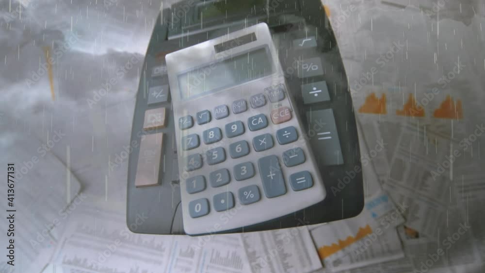 Digital composition of rain in night sky against calculators falling ...