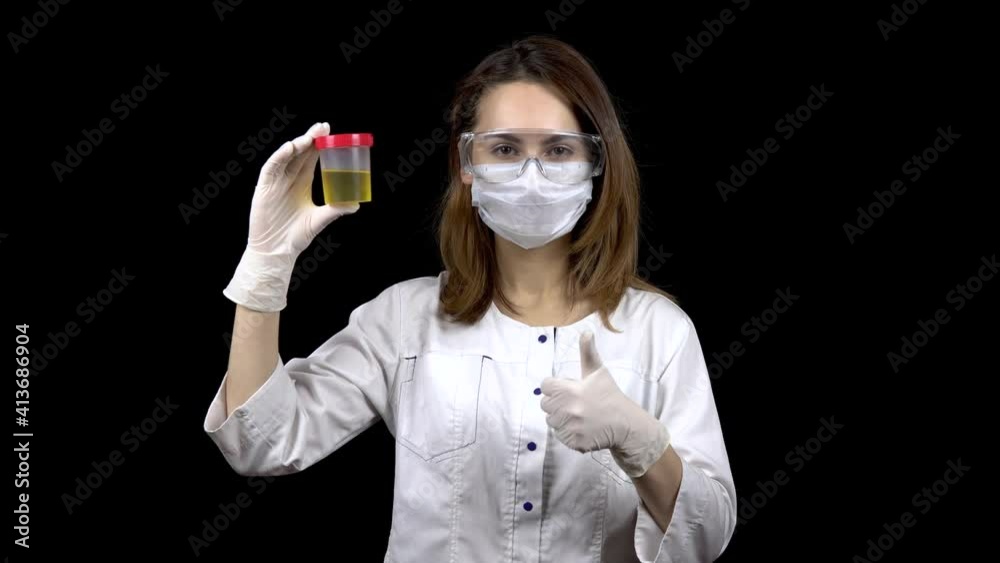 Young woman doctor checks urine tests. A woman examines a test jar ...