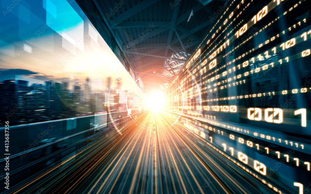 Digital data flow on road with motion blur to create vision of fast ...