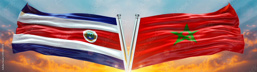 Morocco Flag المملكة المغربية and Costa Rica flag waving with texture ...
