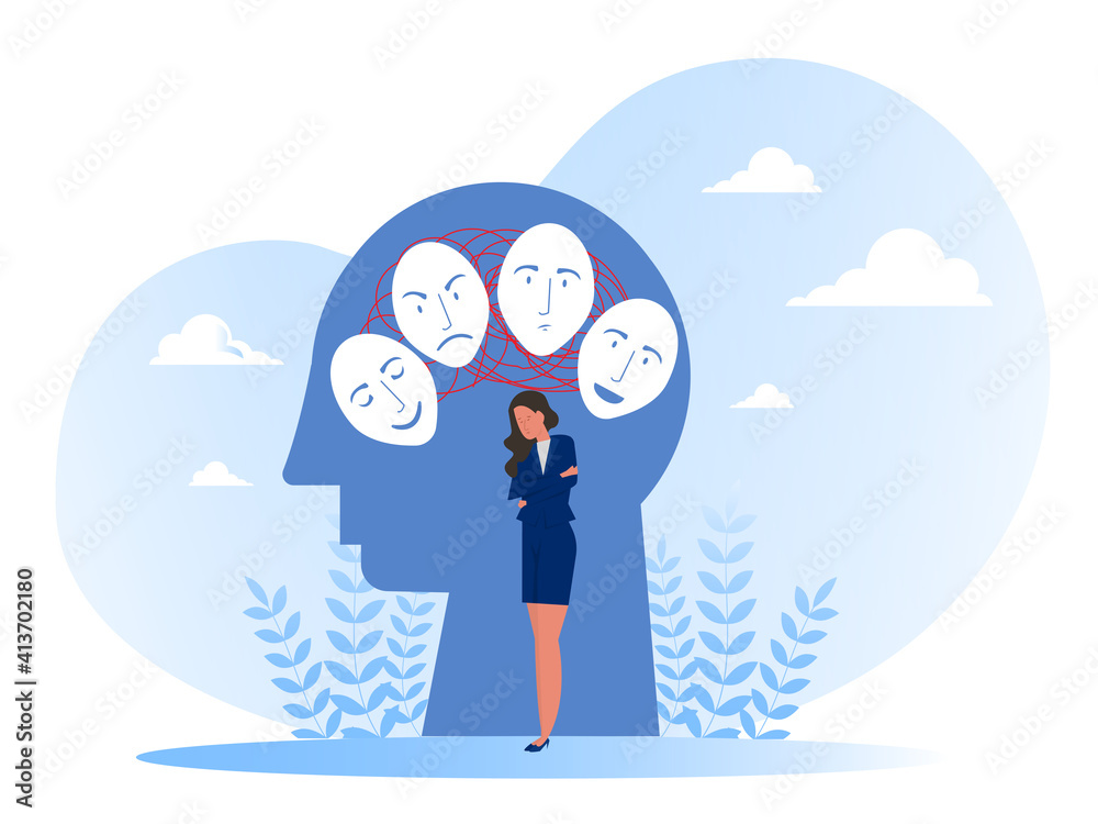 Imposter syndrome, masks with happy or sad expressions.Bipolar disorder ...