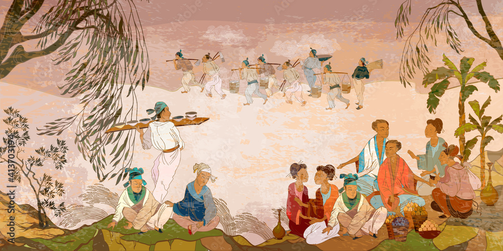 Ancient China. Hand-drawn vector illustration. Oriental people. Tea ...