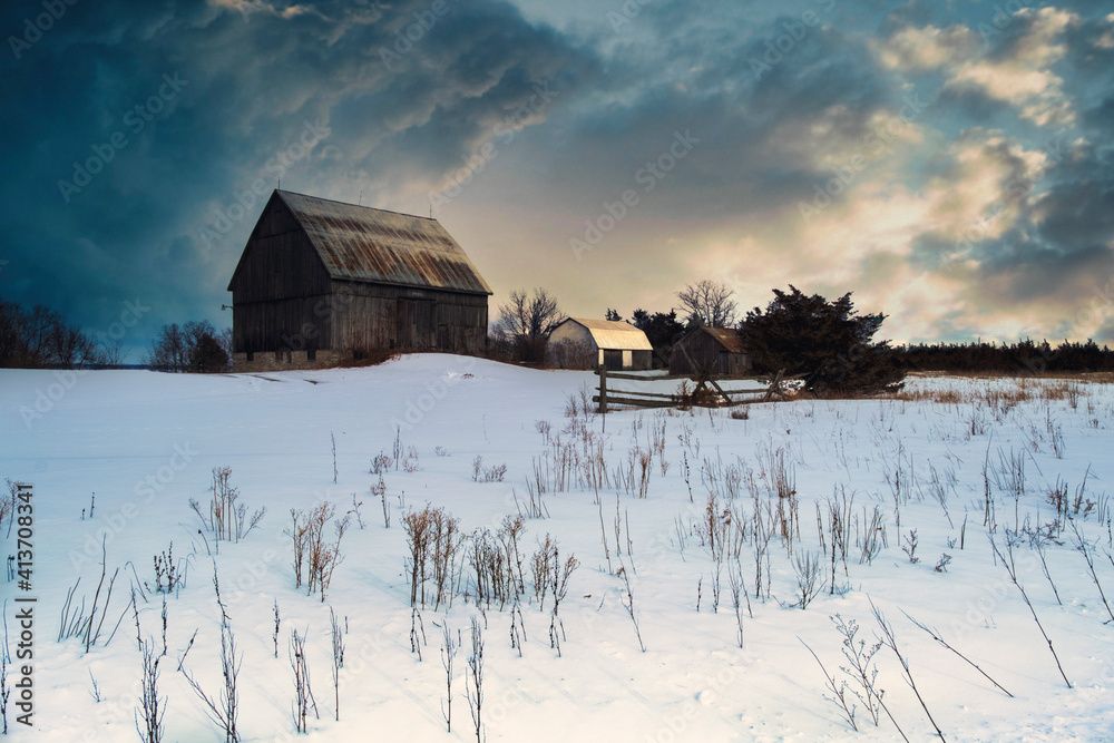 Cold sub zero temperatures of rural landscape scenics featuring barns ...