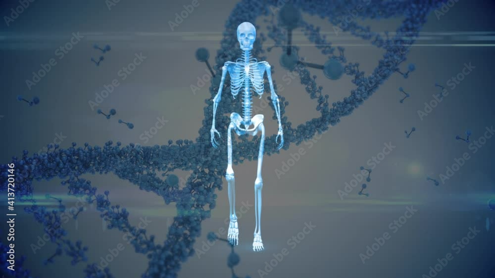Animation of 3d dna strand spinning and molecules floating over human ...