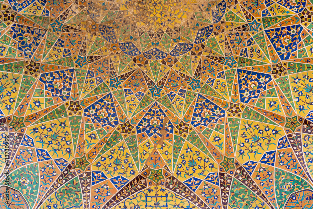 Colorful ceiling kashi-kari or faience tile mosaic decoration on ...