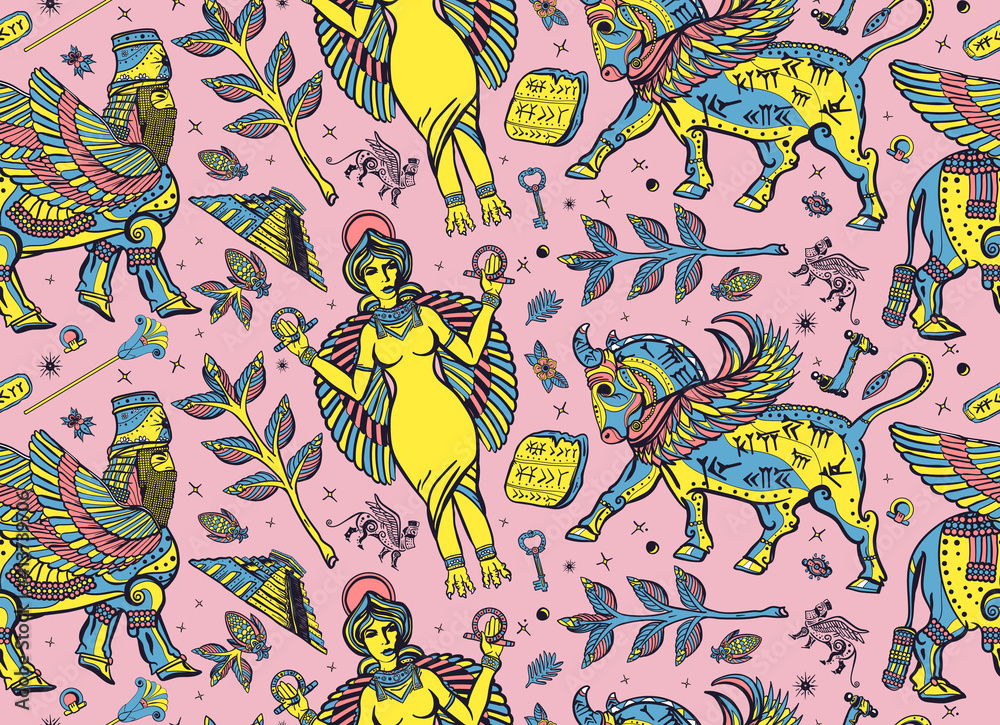 Ancient Sumerian Civilization. Seamless pattern. Cuneiform writing ...