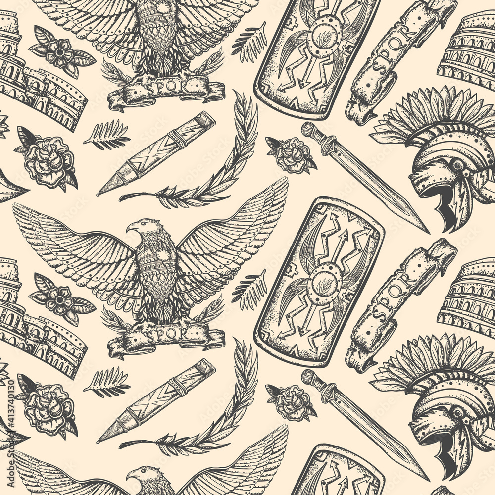 Ancient Rome pattern. Roman eagle, spartan helmet, sword and shield ...