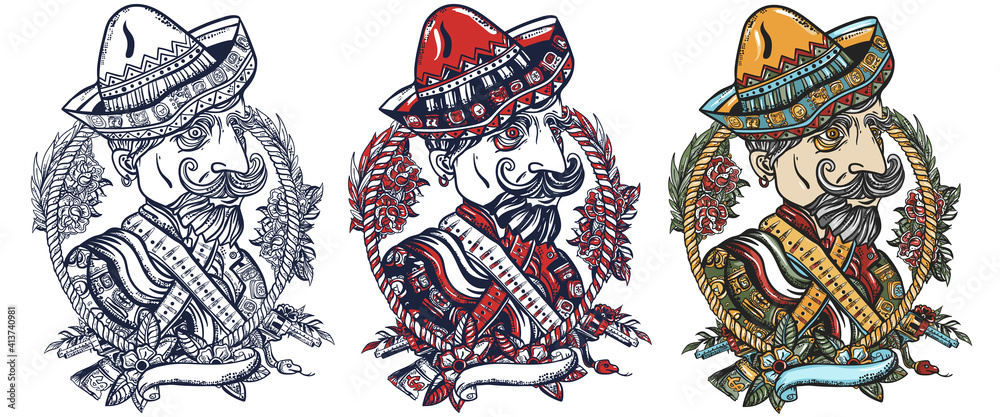 Conquistador warrior portrait. Hand drawn cartoon character set ...