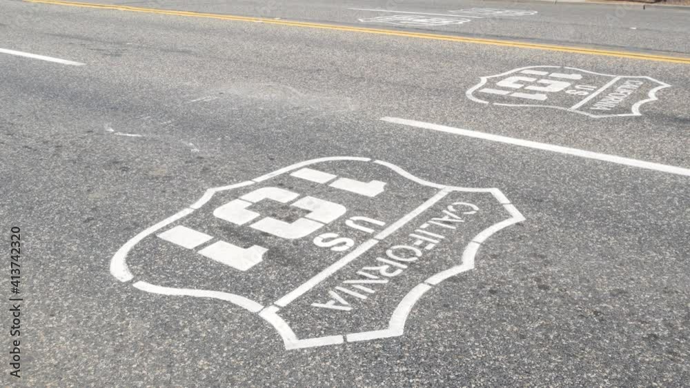 Pacific ocean Coast Highway road marking on asphalt, historic route 101 ...