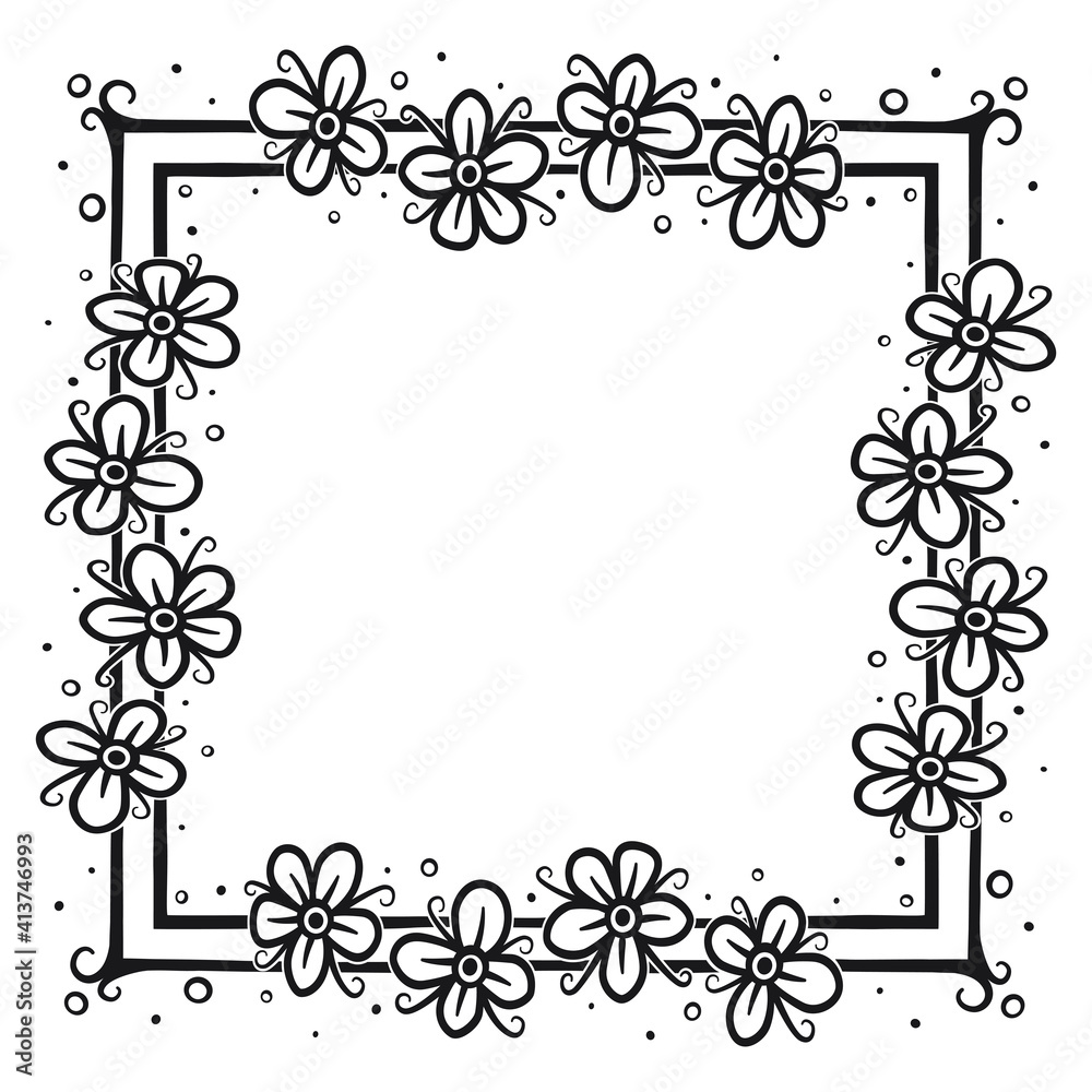 Square border with flowers, 2. Vector illustration in black line on ...
