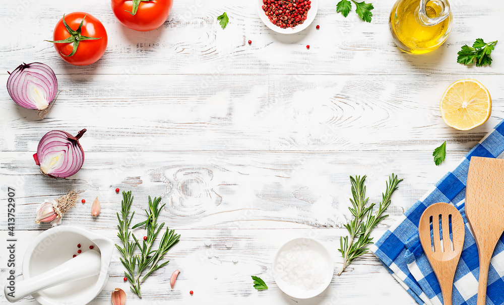 Cooking table. Background with spices and vegetables. Top view. Free ...