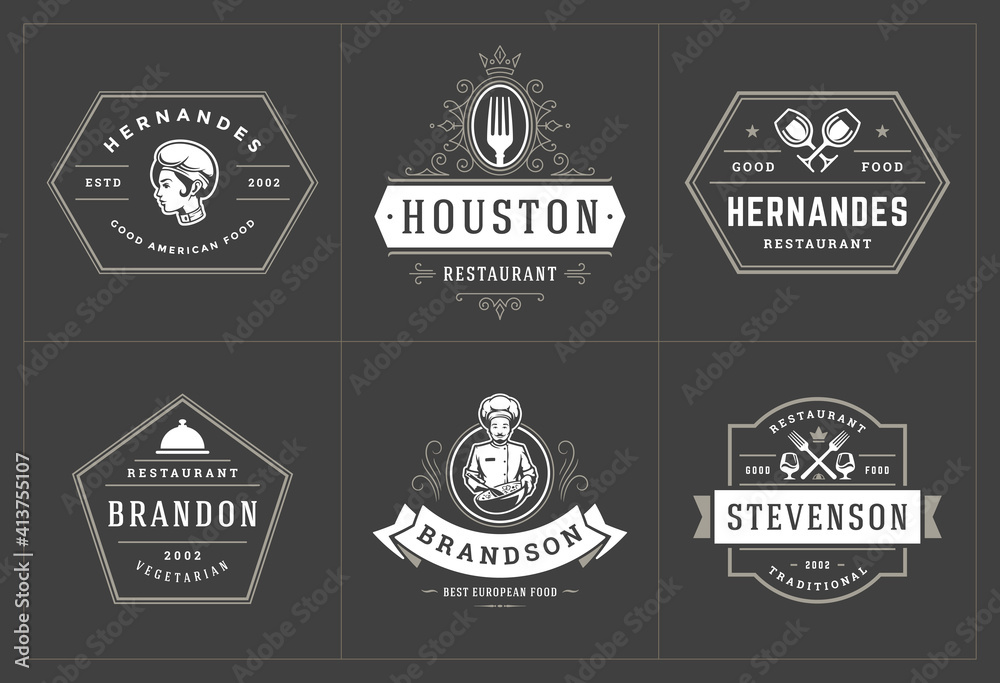 Restaurant logos templates set vector illustration good for menu labels ...