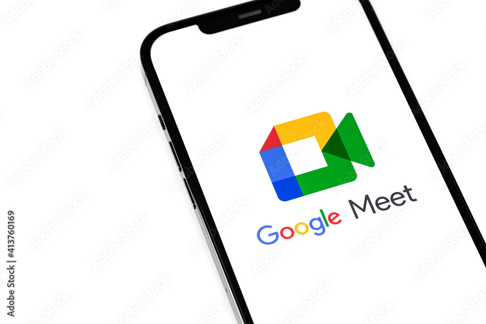 Google Meet logo app on screen smartphone,iPhone closeup. Google Meet ...