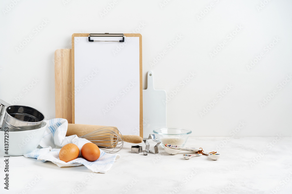 Kitchen background mockup with baking utilities, board for recipes on ...