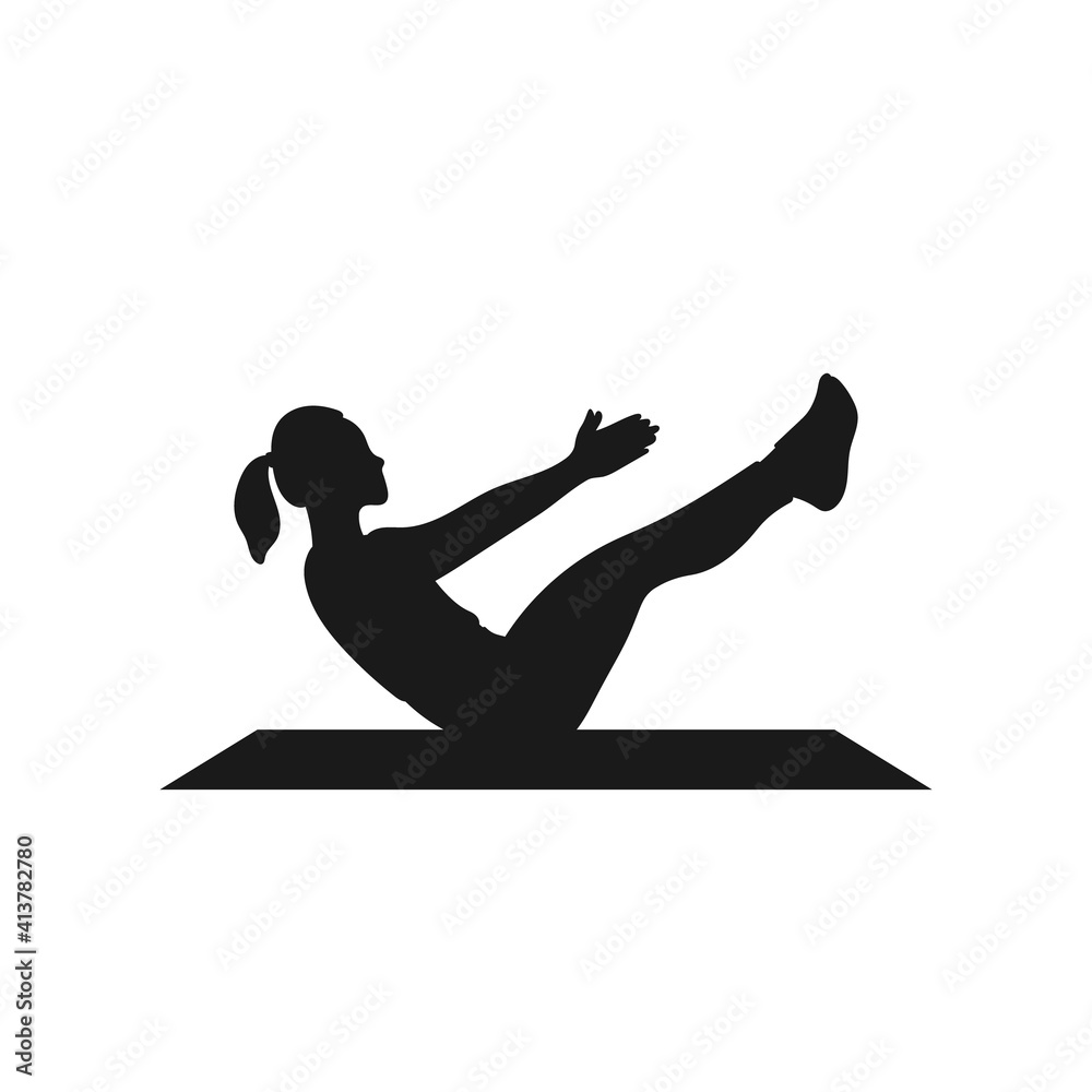 Woman doing sit up silhouette. Girl workout at home icon sign or symbol ...