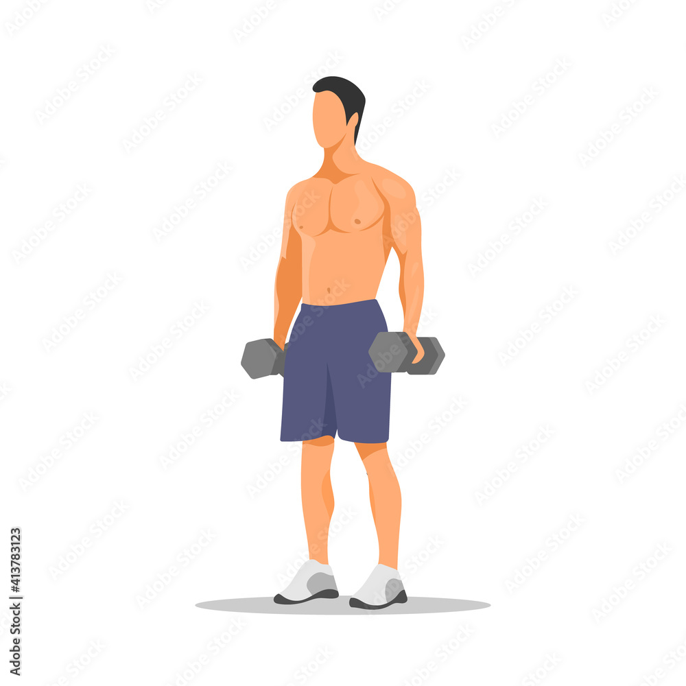 Standing man holding dumbbells. Muscular guy workout icon. Gym activity ...