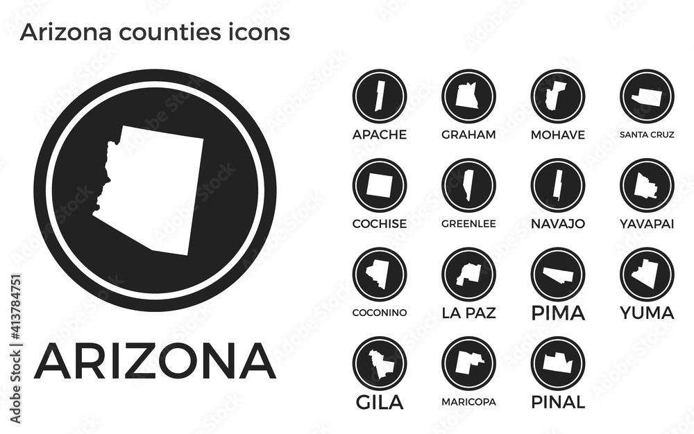Arizona counties icons. Black round logos with us state counties maps ...