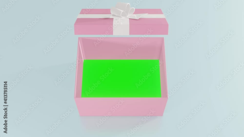 Gift box opening and revealing empty box with green screen in bottom 3d ...