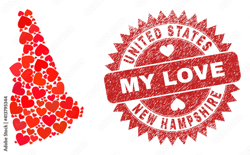 Vector collage New Hampshire State map of valentine heart elements and ...