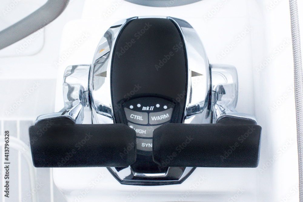 Details of a stainless engine control lever for boat power on a yacht ...