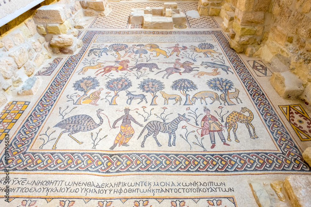 Byzantine mosaics inside Memorial Church of Moses, Mount Nebo, Jordan ...