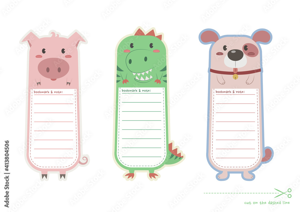 Set of animals bookmark for print and cut. Cute pig; dinosaur; puppy ...