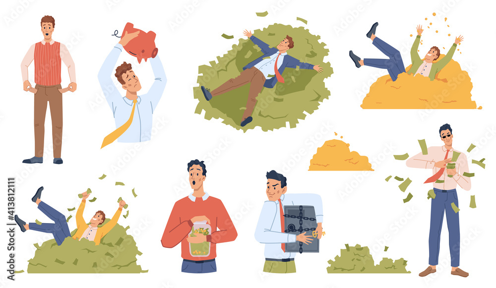 Rich and poor people set isolated fat cartoon men with without money ...
